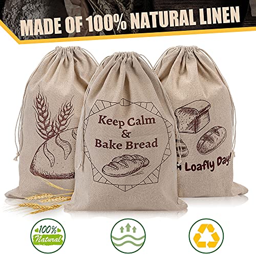 Linen Bread Bags for Loaf Storage, Bags for Homemade Breads, Pack of 3 Reusable Linen Bags for Sourdough, Natural Storage for Artisan Breads, Gift for Bread Makers, Bakers, Housewarming, Wedding Gifts