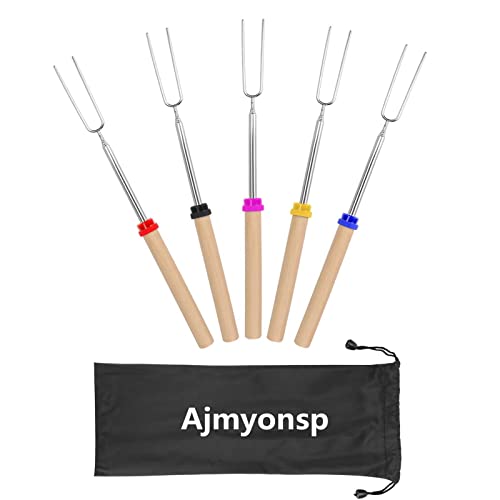 Ajmyonsp Marshmallow Roasting Sticks Smores Stick for Fire Pit - Hot Dog Campfire Skewers Mashmellow Camping 32 Inch Long Extendable Forks 5 Pack