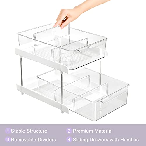 Lille Home 2-Tier Clear Organizer with Sliding Storage Drawers/Baskets, with Handles and Dividers for Kitchen, Under Sink, Bathroom, and Office, BPA Free