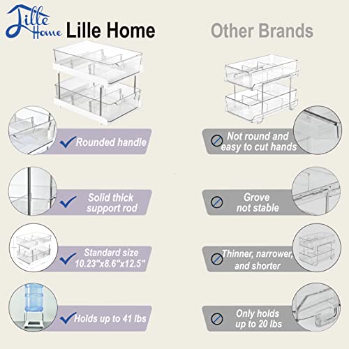 Lille Home 2-Tier Clear Organizer with Sliding Storage Drawers/Baskets, with Handles and Dividers for Kitchen, Under Sink, Bathroom, and Office, BPA Free