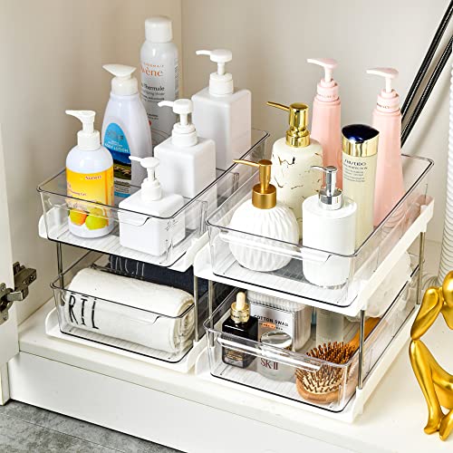 Lille Home 2-Tier Clear Organizer with Sliding Storage Drawers/Baskets, with Handles and Dividers for Kitchen, Under Sink, Bathroom, and Office, BPA Free