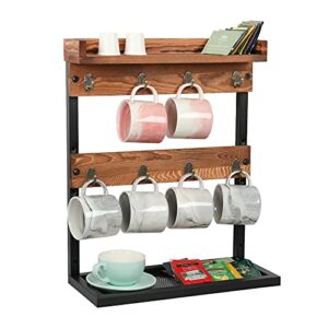 x-cosrack countertop coffee mug holder rack 2 tier wall mount coffee cup holder stand with 8 hooks and storage shelf,display organizer rack for home kitchen, rustic brown