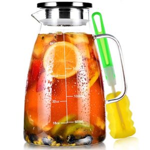 glass pitcher, 68oz water pitcher with lid and precise scale line, 18/8 stainless steel iced tea pitcher, easy clean heat resistant borosilicate glass jug for juice, milk, cold or hot beverages