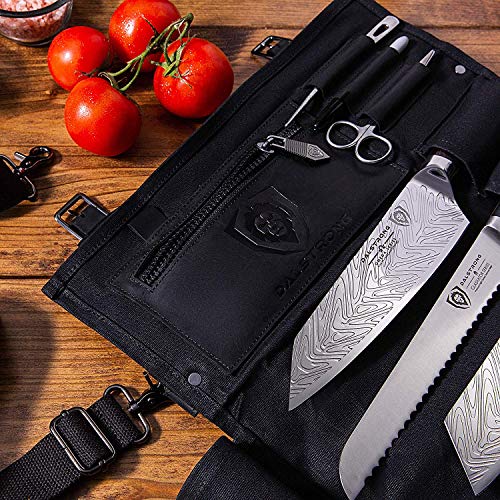 Dalstrong Nomad Knife Roll - 12oz Heavy Duty Canvas & Top Grain Leather Roll Bag - 13 Slots - Interior and Rear Zippered Pockets - Blade Travel Storage/Case - Nightmaster (Black)