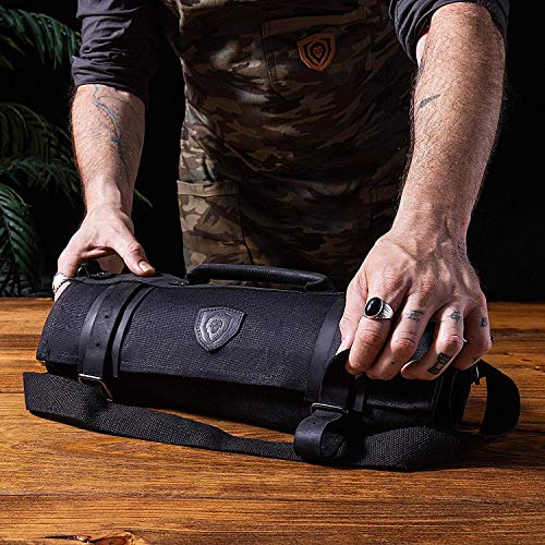 Dalstrong Nomad Knife Roll - 12oz Heavy Duty Canvas & Top Grain Leather Roll Bag - 13 Slots - Interior and Rear Zippered Pockets - Blade Travel Storage/Case - Nightmaster (Black)