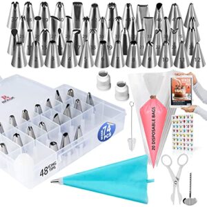 74pcs icing piping bags and tips set-cookie,cupcake icing tips cake decorating kit baking supplies -48 numbered cake frosting piping tips with reusable& disposable pastry bags with pattern chart&ebook