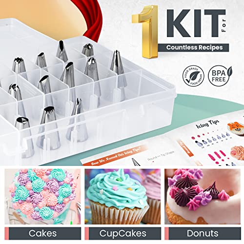 74PCs Icing Piping Bags and Tips Set-Cookie,Cupcake Icing Tips Cake Decorating Kit Baking Supplies -48 Numbered Cake Frosting Piping Tips with Reusable& Disposable Pastry Bags with Pattern Chart&Ebook