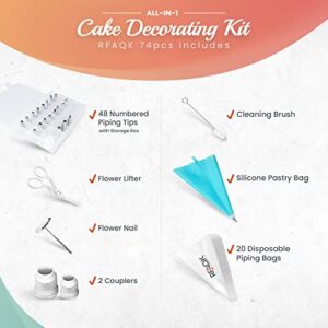 74PCs Icing Piping Bags and Tips Set-Cookie,Cupcake Icing Tips Cake Decorating Kit Baking Supplies -48 Numbered Cake Frosting Piping Tips with Reusable& Disposable Pastry Bags with Pattern Chart&Ebook