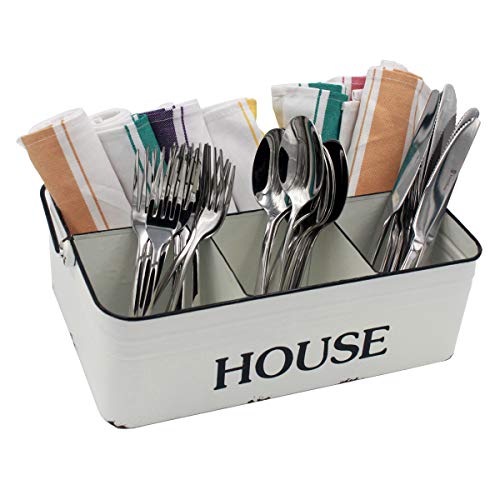 Funly mee Distressed White Metal Silverware Caddy, Flatware, Party Cutlery Desk Organizer with 4 Compartments