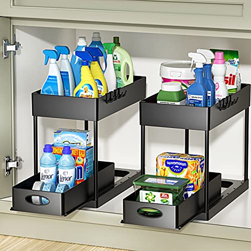 Appolab 2 Pack Under Sink Organizer, 2-Tier Sliding Cabinet Basket Organizer Drawers, Under Sink Organizers and Storage Bathroom Kitchen Cabinet Organizer with Hooks The Bottom Drawers Can Be Slid Out