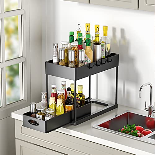 Appolab 2 Pack Under Sink Organizer, 2-Tier Sliding Cabinet Basket Organizer Drawers, Under Sink Organizers and Storage Bathroom Kitchen Cabinet Organizer with Hooks The Bottom Drawers Can Be Slid Out