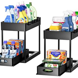 Appolab 2 Pack Under Sink Organizer, 2-Tier Sliding Cabinet Basket Organizer Drawers, Under Sink Organizers and Storage Bathroom Kitchen Cabinet Organizer with Hooks The Bottom Drawers Can Be Slid Out