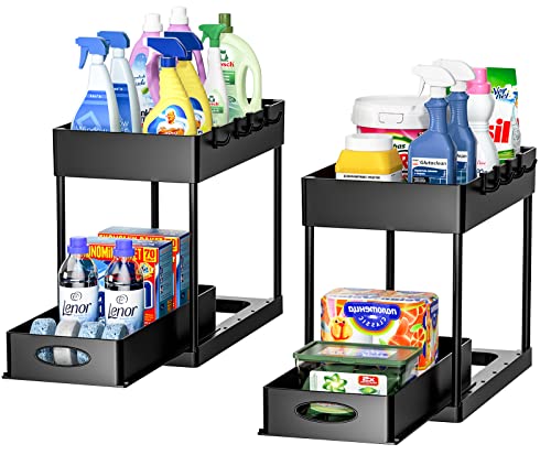 Appolab 2 Pack Under Sink Organizer, 2-Tier Sliding Cabinet Basket Organizer Drawers, Under Sink Organizers and Storage Bathroom Kitchen Cabinet Organizer with Hooks The Bottom Drawers Can Be Slid Out