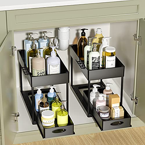 Appolab 2 Pack Under Sink Organizer, 2-Tier Sliding Cabinet Basket Organizer Drawers, Under Sink Organizers and Storage Bathroom Kitchen Cabinet Organizer with Hooks The Bottom Drawers Can Be Slid Out