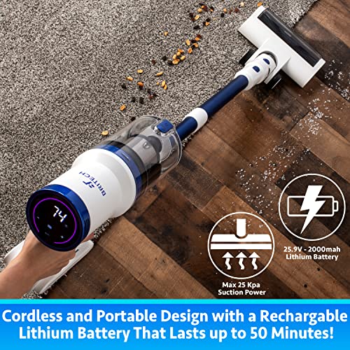 BRITECH Cordless Lightweight Stick Vacuum Cleaner, 300W Motor for Powerful Suction 50min Runtime, LED Display Screen & Headlights, Great for Carpet Cleaner, Hardwood Floor & Pet Hair (Blue)