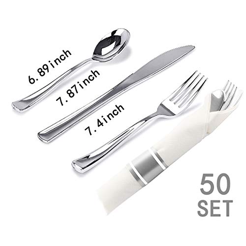 WELLIFE 350Pcs Silver Plastic Plates with Disposable Silverware and Cups, Include: 50 Dinner Plates 10.25”, 50 Dessert Plates 7.5”, 50 Silver Rim Cups 9 OZ, 50 Pre Rolled Napkins Packed in