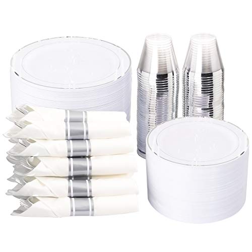 WELLIFE 350Pcs Silver Plastic Plates with Disposable Silverware and Cups, Include: 50 Dinner Plates 10.25”, 50 Dessert Plates 7.5”, 50 Silver Rim Cups 9 OZ, 50 Pre Rolled Napkins Packed in