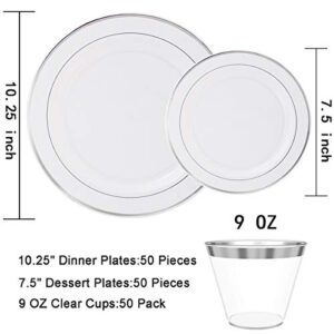 WELLIFE 350Pcs Silver Plastic Plates with Disposable Silverware and Cups, Include: 50 Dinner Plates 10.25”, 50 Dessert Plates 7.5”, 50 Silver Rim Cups 9 OZ, 50 Pre Rolled Napkins Packed in