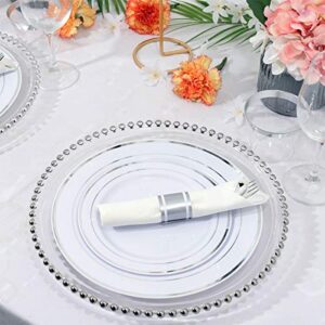 WELLIFE 350Pcs Silver Plastic Plates with Disposable Silverware and Cups, Include: 50 Dinner Plates 10.25”, 50 Dessert Plates 7.5”, 50 Silver Rim Cups 9 OZ, 50 Pre Rolled Napkins Packed in