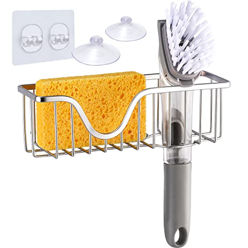 Sponge Holder for Kitchen Sink with Adhesive Hook & Suction Cups - 2 IN 1 Sink Caddy for Sponges, Dish Brush, Scrubbers, Soap - 304 Stainless Steel Kitchen Bathroom Organizer Accessories - Polished