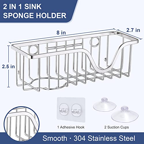 Sponge Holder for Kitchen Sink with Adhesive Hook & Suction Cups - 2 IN 1 Sink Caddy for Sponges, Dish Brush, Scrubbers, Soap - 304 Stainless Steel Kitchen Bathroom Organizer Accessories - Polished