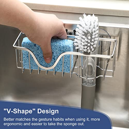 Sponge Holder for Kitchen Sink with Adhesive Hook & Suction Cups - 2 IN 1 Sink Caddy for Sponges, Dish Brush, Scrubbers, Soap - 304 Stainless Steel Kitchen Bathroom Organizer Accessories - Polished