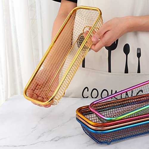 Panesor Drawer Organizer Stainless Steel Utensils Holder Mesh Drainer Basket Kitchen Cabinet Drawer Organizer Flatware Tray (2 PCS, Gold)