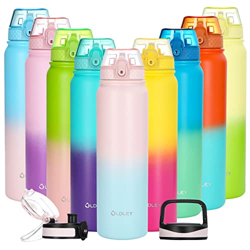 Stainless Steel Water Bottles 32 oz Insulated Water Bottle with Straw/Strap/Handle 3 Lids for Sip Chug Spout,Double Wall Vacuum Warm Cold Sweat/Leakproof for Sports Gym Camping School Adult Kid Gift