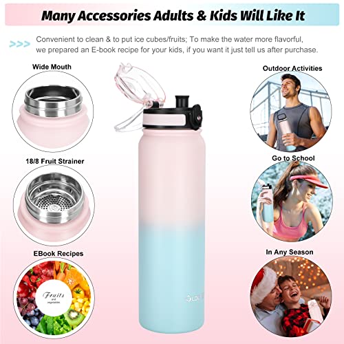 Stainless Steel Water Bottles 32 oz Insulated Water Bottle with Straw/Strap/Handle 3 Lids for Sip Chug Spout,Double Wall Vacuum Warm Cold Sweat/Leakproof for Sports Gym Camping School Adult Kid Gift