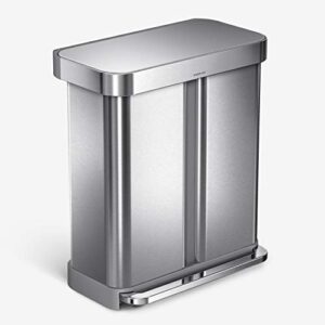 simplehuman 58 liter / 15.3 gallon rectangular hands-free dual compartment recycling kitchen step trash can with soft-close lid, brushed stainless steel