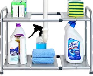 simple houseware under sink 2 tier expandable heavy duty metal shelf organizer rack, silver (expand from 15 to 25 inches)