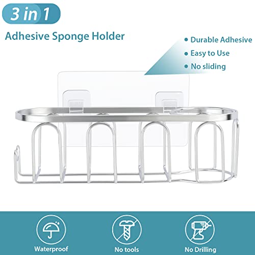 DOLRIS Kitchen Sink Caddy, Sponge Holder for Kitchen Sink, 3 in 1 Adhesive Kitchen Sponge Holder + Brush Holder + Hooks, Kitchen Sink Accessories SUS304 Stainless Steel,Silver