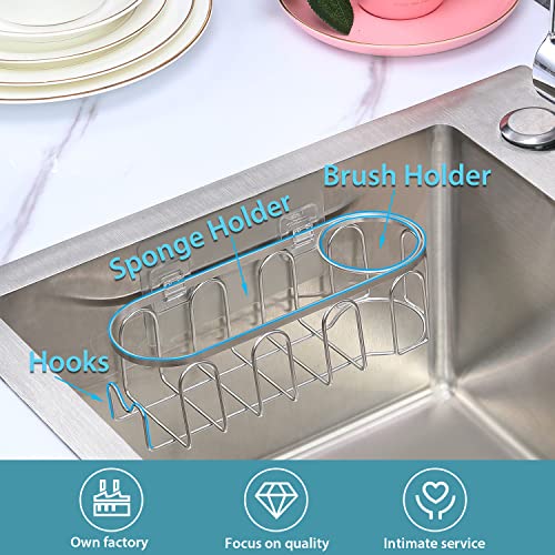 DOLRIS Kitchen Sink Caddy, Sponge Holder for Kitchen Sink, 3 in 1 Adhesive Kitchen Sponge Holder + Brush Holder + Hooks, Kitchen Sink Accessories SUS304 Stainless Steel,Silver