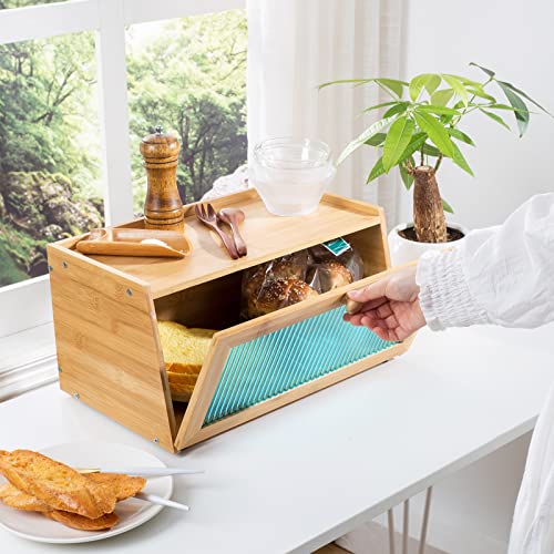 Bamboo Bread Box for Kitchen Countertop Bread Storage Container with Window Bread Holder (Trapezoid)