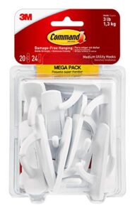 command medium utility hooks, damage free hanging wall hooks with adhesive strips, no tools wall hooks for hanging organizational items in living spaces, 20 white hooks and 24 command strips