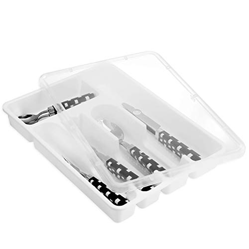 Zilpoo Flatware Tray with Lid, Plastic Camper Picnic Cutlery and Utensil Drawer Organizer, Kitchen Silverware Storage Container with Cover, White