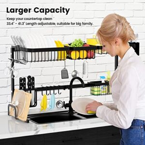 MERRYBOX Over The Sink Dish Drying Rack (33.4"-41.3") Large Upgraded 2 Tier Length & Height Adjustable Stainless Steel Dishes Drainer for Kitchen Counter Space Saving Storage Organizer, Black