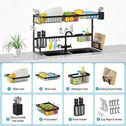 MERRYBOX Over The Sink Dish Drying Rack (33.4"-41.3") Large Upgraded 2 Tier Length & Height Adjustable Stainless Steel Dishes Drainer for Kitchen Counter Space Saving Storage Organizer, Black