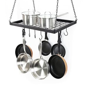 SODUKU Pot Pan Rack with Shelf Grid, Ceiling Mounted Hanging Multi-Purpose Wood & Metal Cookware Hanger Organizer Kitchen Storage with 10 Hooks Espresso