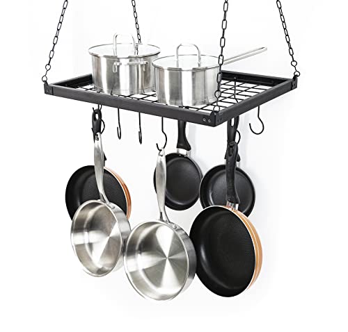 SODUKU Pot Pan Rack with Shelf Grid, Ceiling Mounted Hanging Multi-Purpose Wood & Metal Cookware Hanger Organizer Kitchen Storage with 10 Hooks Espresso