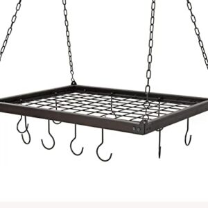 SODUKU Pot Pan Rack with Shelf Grid, Ceiling Mounted Hanging Multi-Purpose Wood & Metal Cookware Hanger Organizer Kitchen Storage with 10 Hooks Espresso