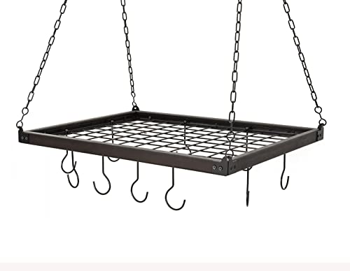 SODUKU Pot Pan Rack with Shelf Grid, Ceiling Mounted Hanging Multi-Purpose Wood & Metal Cookware Hanger Organizer Kitchen Storage with 10 Hooks Espresso