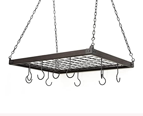 SODUKU Pot Pan Rack with Shelf Grid, Ceiling Mounted Hanging Multi-Purpose Wood & Metal Cookware Hanger Organizer Kitchen Storage with 10 Hooks Espresso