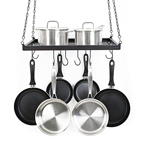 SODUKU Pot Pan Rack with Shelf Grid, Ceiling Mounted Hanging Multi-Purpose Wood & Metal Cookware Hanger Organizer Kitchen Storage with 10 Hooks Espresso