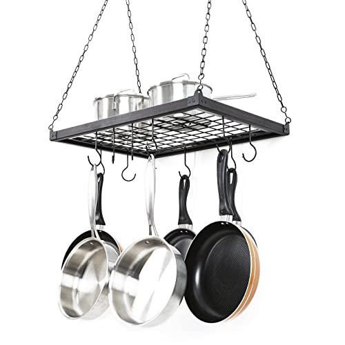 SODUKU Pot Pan Rack with Shelf Grid, Ceiling Mounted Hanging Multi-Purpose Wood & Metal Cookware Hanger Organizer Kitchen Storage with 10 Hooks Espresso