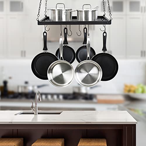 SODUKU Pot Pan Rack with Shelf Grid, Ceiling Mounted Hanging Multi-Purpose Wood & Metal Cookware Hanger Organizer Kitchen Storage with 10 Hooks Espresso