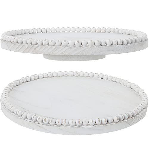 White Beaded Lazy Susan Wooden Kitchen Turntable Round Spinning Lazy Susan Organizer Wood Lazy Susan Turntable 360 Degrees Rotating Lazy Susan for Table Pantry Cabinet Tray Stand (9.8 Inches)