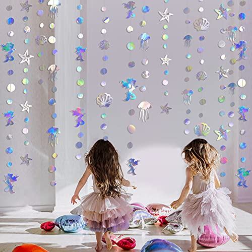 40 Ft Iridescent Mermaid Garland with Jellyfish Seashell Starfish Pearl Holographic Paper Streamer for Little Mermaid Rainbow Theme Birthday Bachelorette Baby Shower Under The Sea Party Decorations