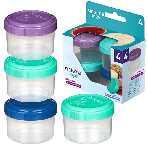 Sistema 4-Piece Salad Dressing and Condiment Containers with Lids for Lunch, Dishwasher Safe, 1.18-Ounce, Multicolor