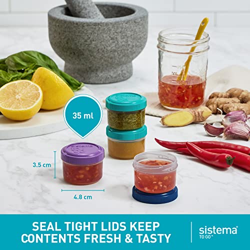 Sistema 4-Piece Salad Dressing and Condiment Containers with Lids for Lunch, Dishwasher Safe, 1.18-Ounce, Multicolor